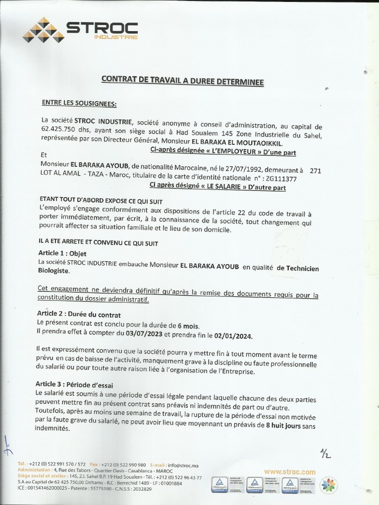 Contrat CDD EL BARAKA AYOUB | PDF