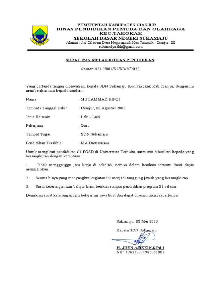 Surat Ijin Melanjutkan Pendidikan | PDF