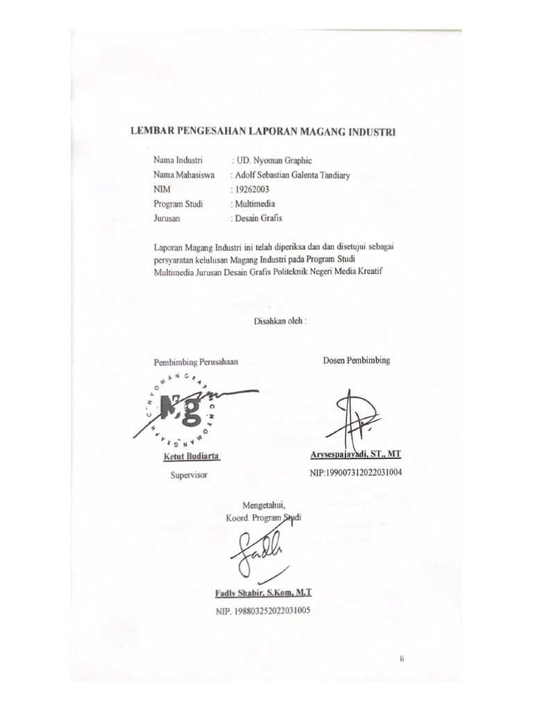Lembar Pengesahan Laporan Magang Industri | PDF