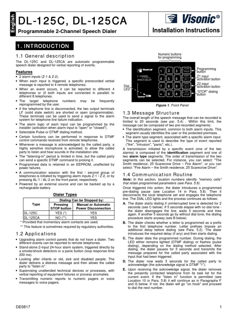 Visonic DL 125c 1 1633437351pdf | PDF | Telephone Number | Telephone