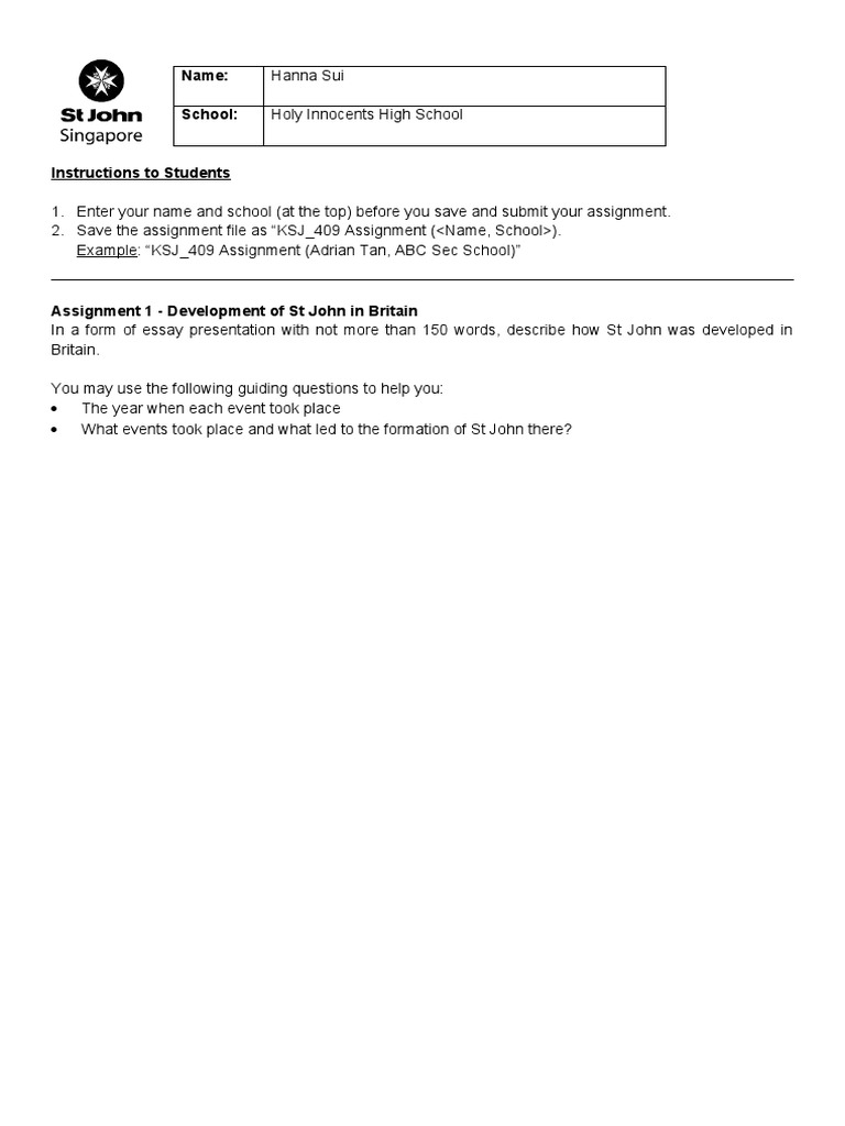 3. KSJ409 Assignment_School (Hanna Sui^J Holy Innocents High School) | PDF