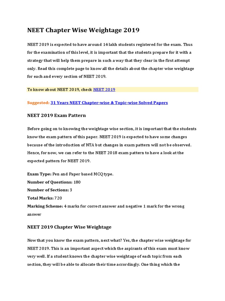 NEET Chapter Wise Weightage 2019 | PDF | Chemistry | Plants