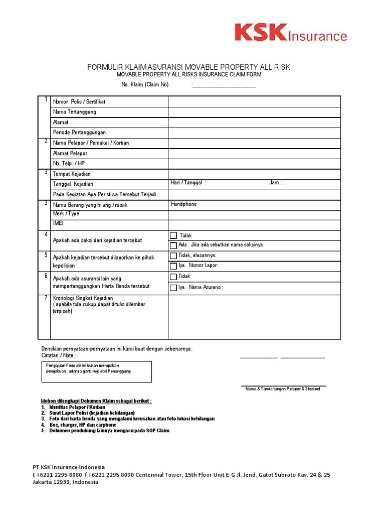 Formulir Klaim Asuransi Properti Bergerak | PDF | Hukum