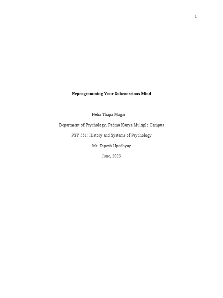 A Term Paper Prepared On Reprogramming Your Subconscious Mind | PDF