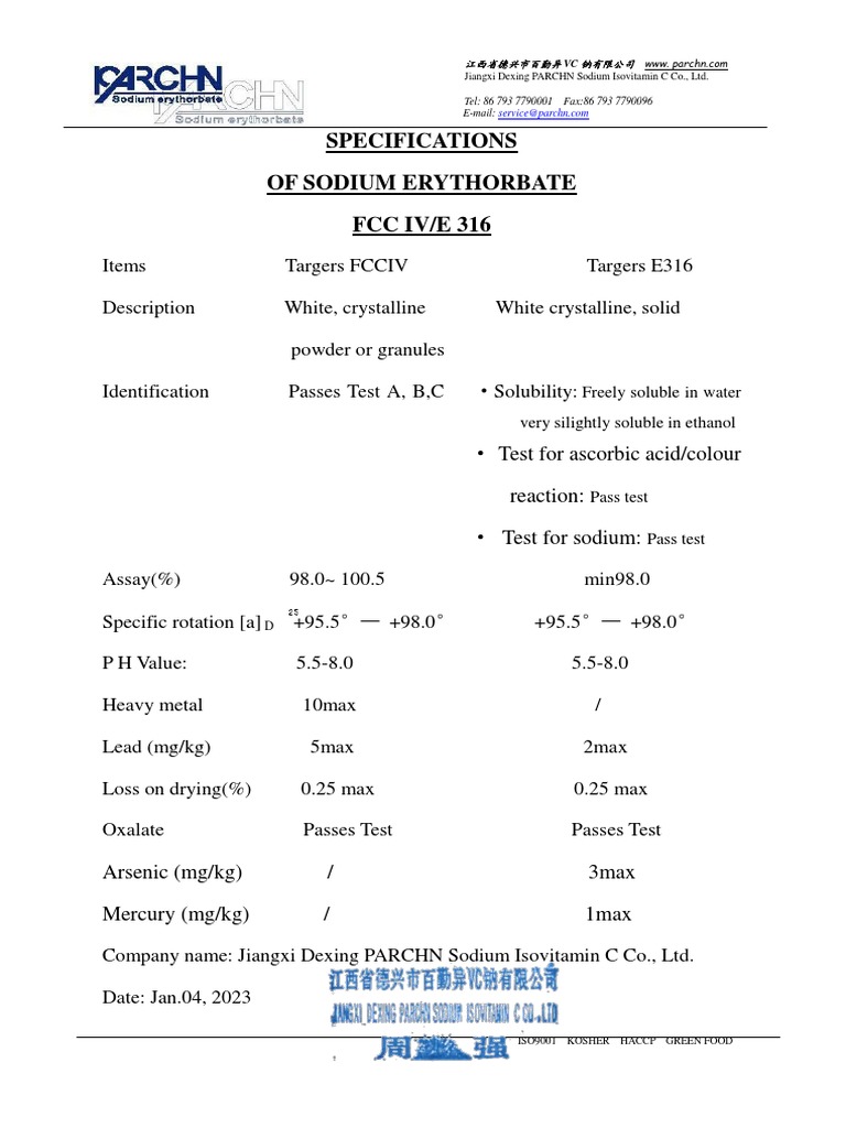 Sodium Erythorbate Specifications | PDF