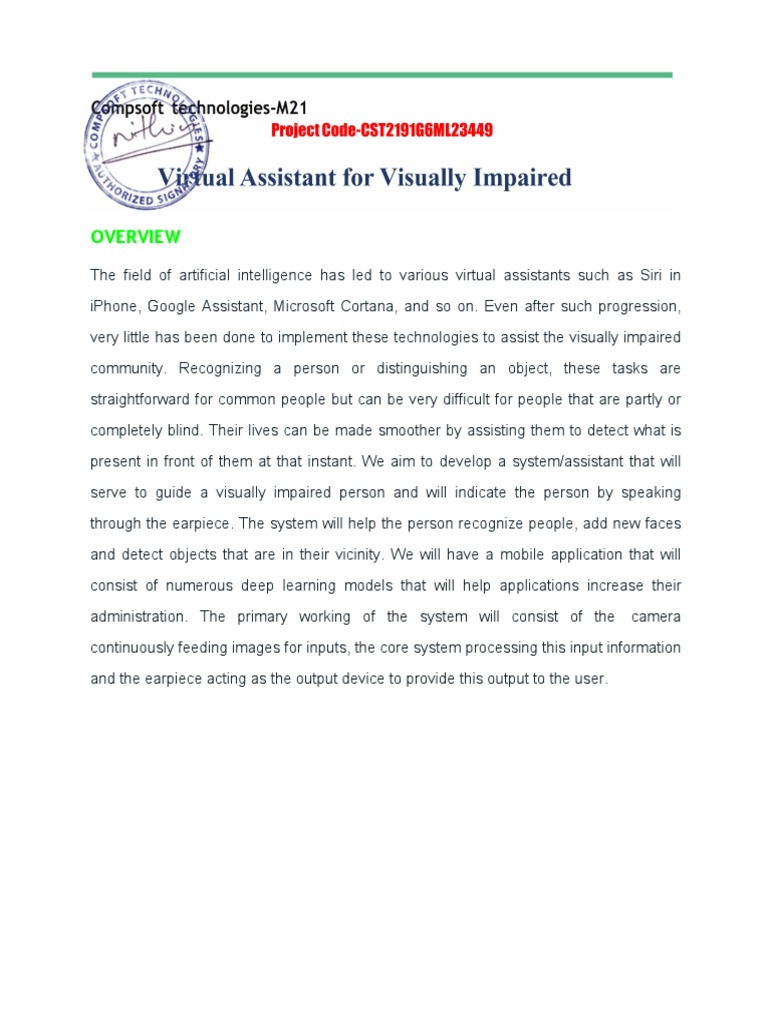 Virtual Assistant for the Visually Impaired | PDF | Speech Recognition ...