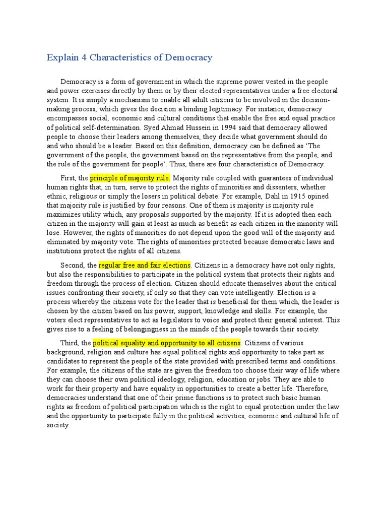 Explain 4 Characteristics of Democracy | PDF | Democracy | Political ...