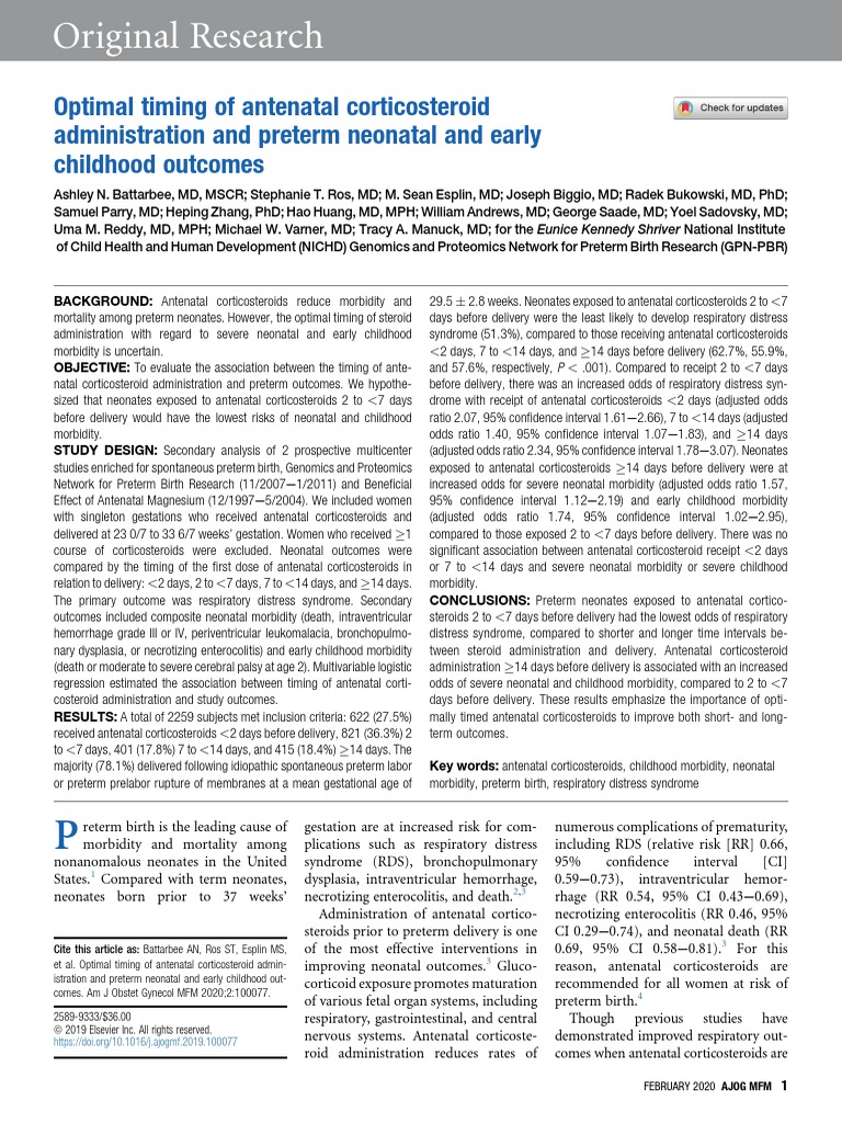 Optimal Timing of Antenatal Corticosteroid Administration and Preterm ...