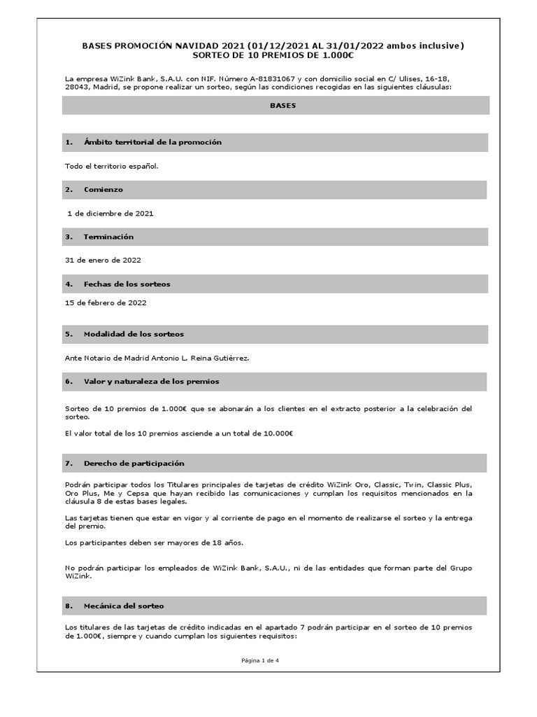 Bases Legales Promoción Navidad 2021 - Sorteo 10 Premios de 1.000 | PDF | Privacidad de la ...