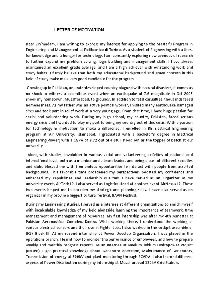 E&M Motivation Letter | PDF | Engineering | Cognition