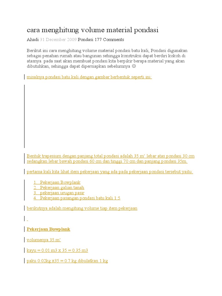 Cara Menghitung Volume Material Pondasi | PDF