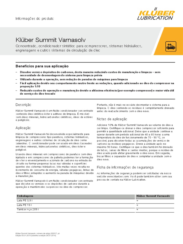 Klüber Summit Varnasolv: Condicionador Sintético | PDF | Ciências ...
