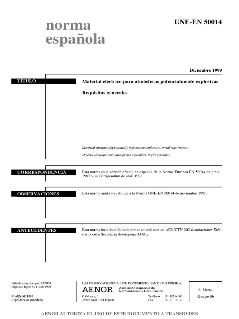 UNE-EN - 50014 1999 2pp | PDF | Tornillo | Temperatura