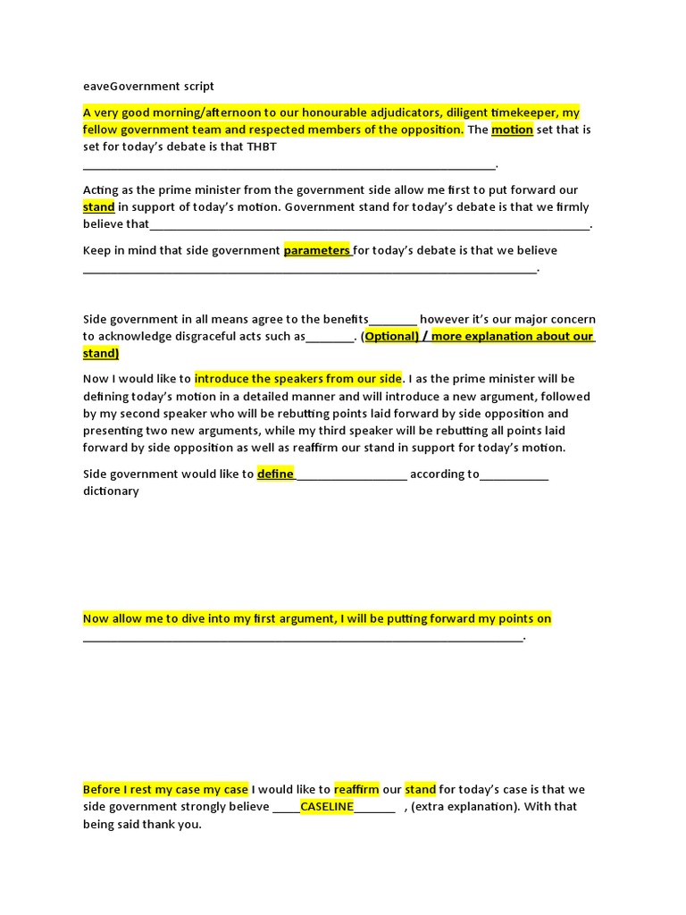 Draft of Government and Opposition Script | PDF