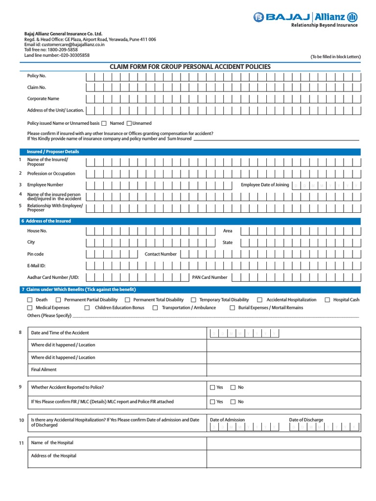 Claim Form For Group Personal Accident Policies | Download Free PDF ...