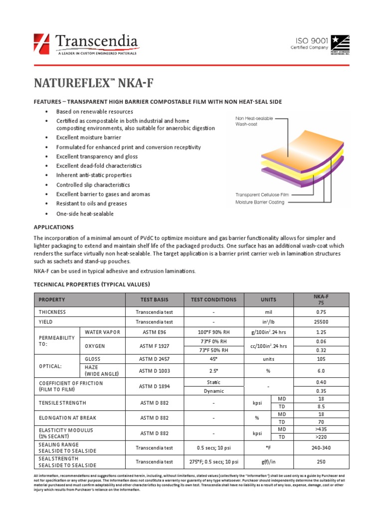 Transcendia Datasheet NatureFlex NKA-F v1 | PDF | Chemistry | Applied ...