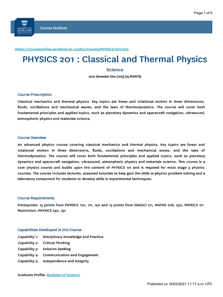 PHYSICS 201 - 2021 Semester One - Course Outline | PDF