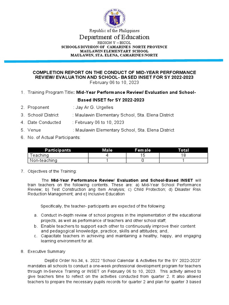 Accomplishment Report Mid Year INSET 2023 | PDF