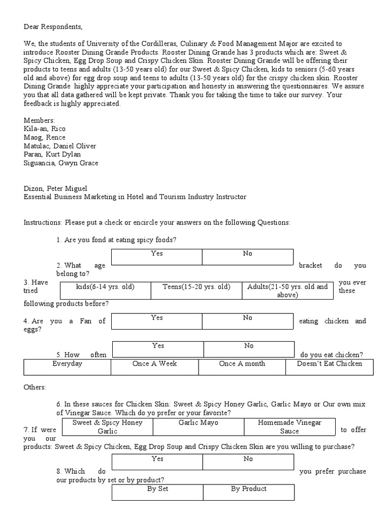 Questionnaire | PDF | Chicken | Cuisine