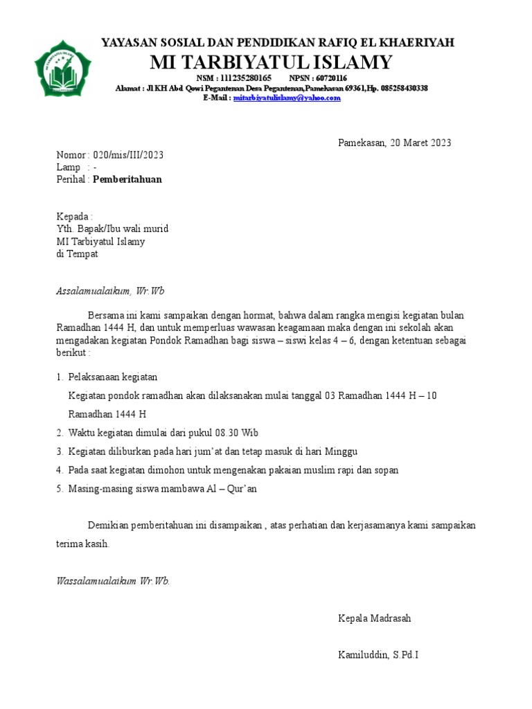 Surat Pemberitahuan Pondok Ramadhan | PDF