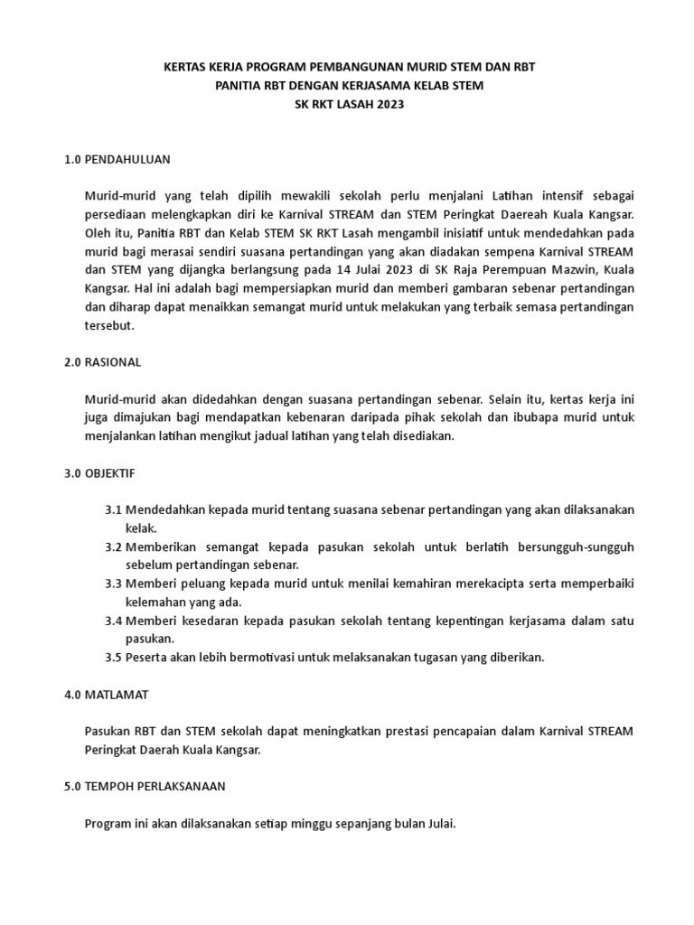 Kertas Kerja Program Pembangunan Stem Dan RBT | PDF