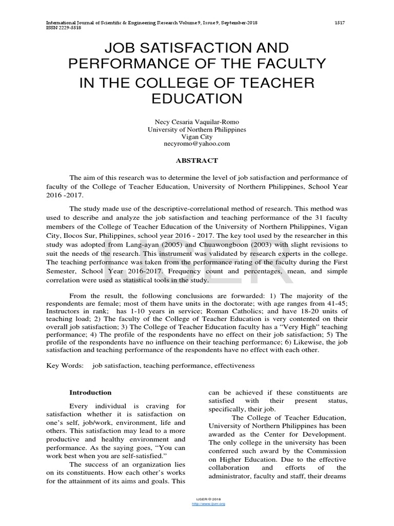 Job Satisfaction and Performance of The Faculty in The College of Teacher Education | PDF | Job ...