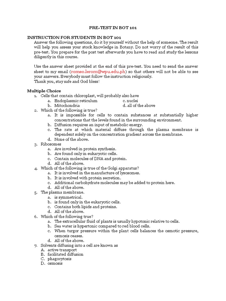 Pre Test in BOT 101 | PDF | Meiosis | Mitosis