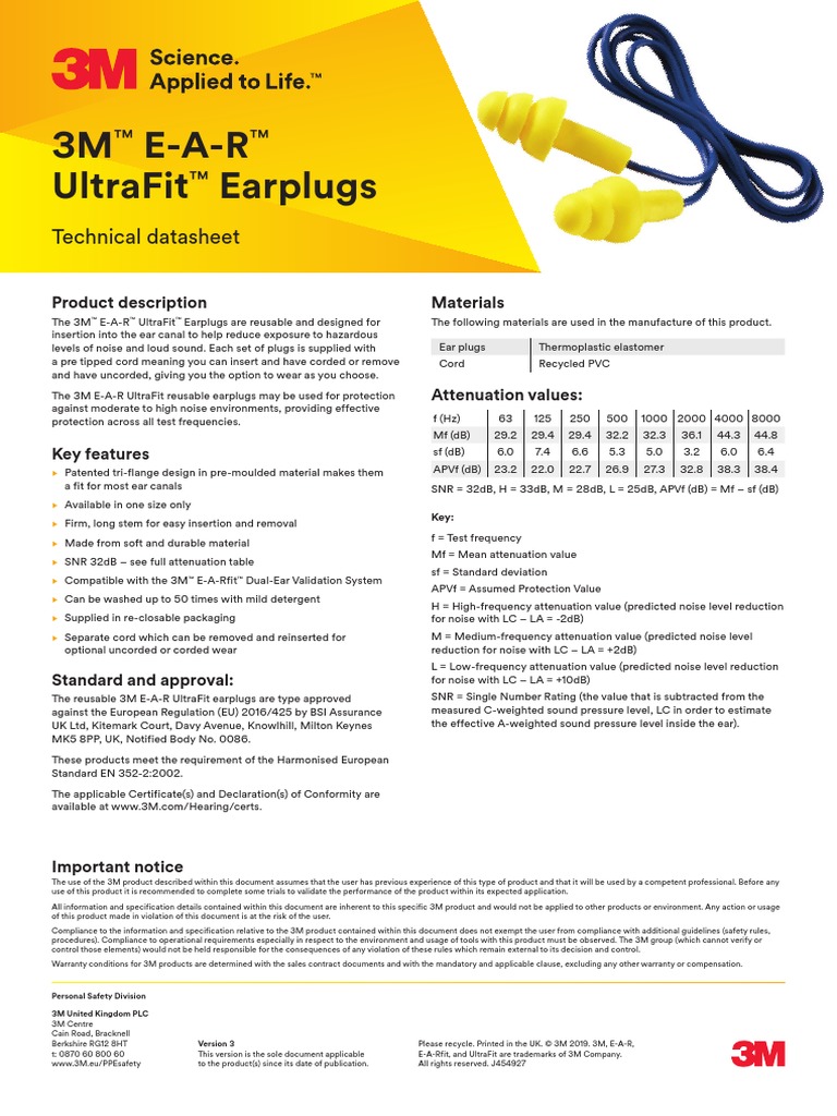 3m e A R Ultrafit Reusable Corded Earplugs Data Sheet | PDF