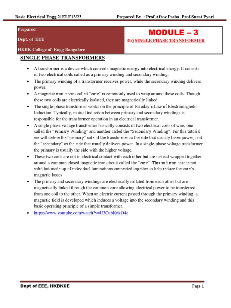MODULE-3 Single Phase Transformers NOTES | PDF | Transformer | Inductor