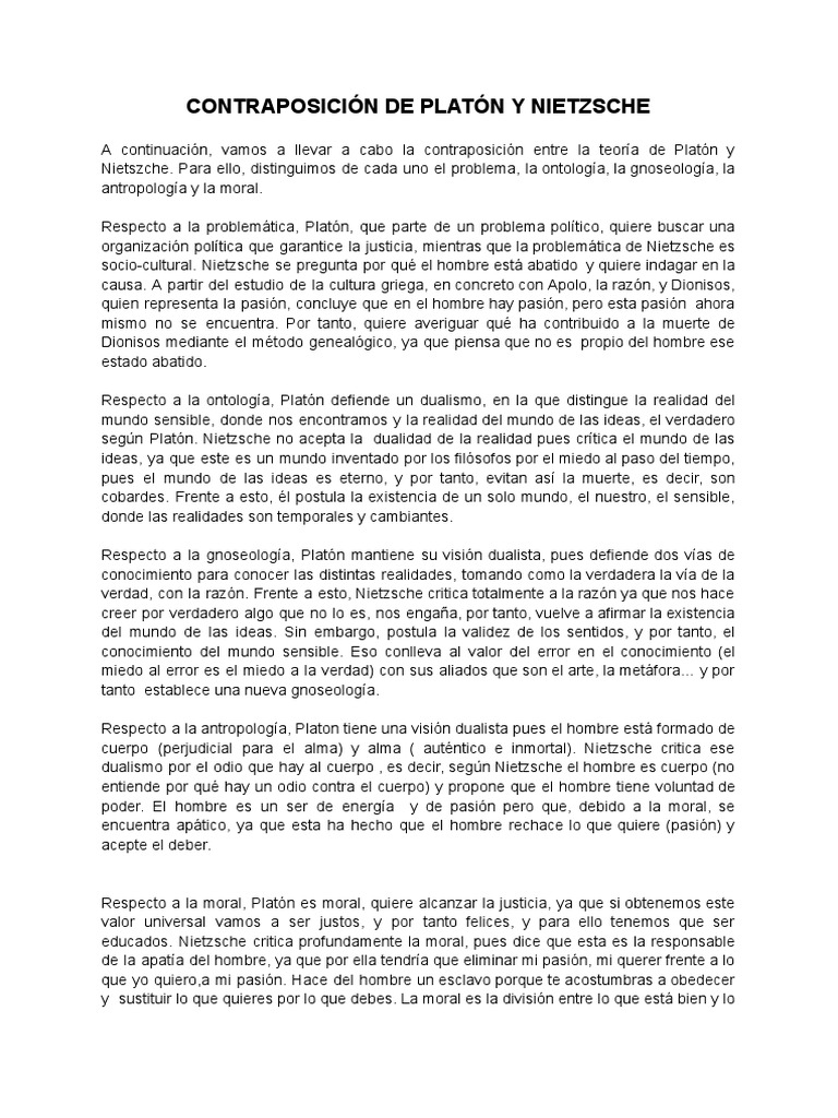 CONTRAPOSICIÓN PLATÓN Y NIETZSCHE | PDF | Platón | Friedrich Nietzsche