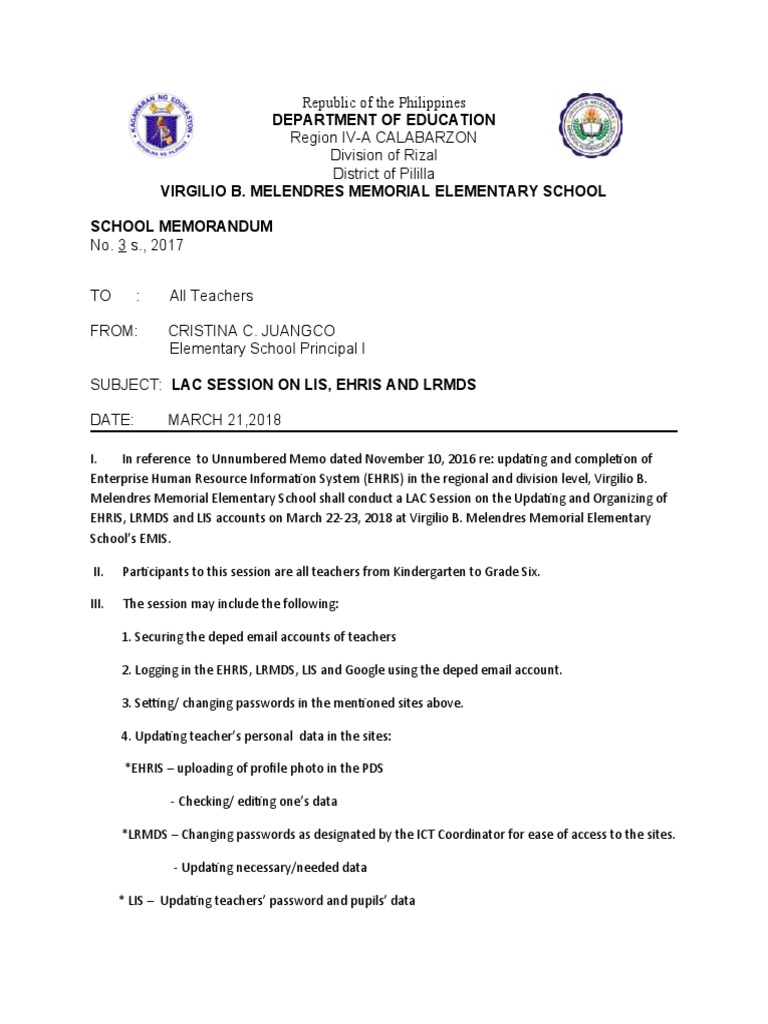 Memo On Lac Session On Ehris LRMDS and Lis | Download Free PDF | Information Technology | Computing