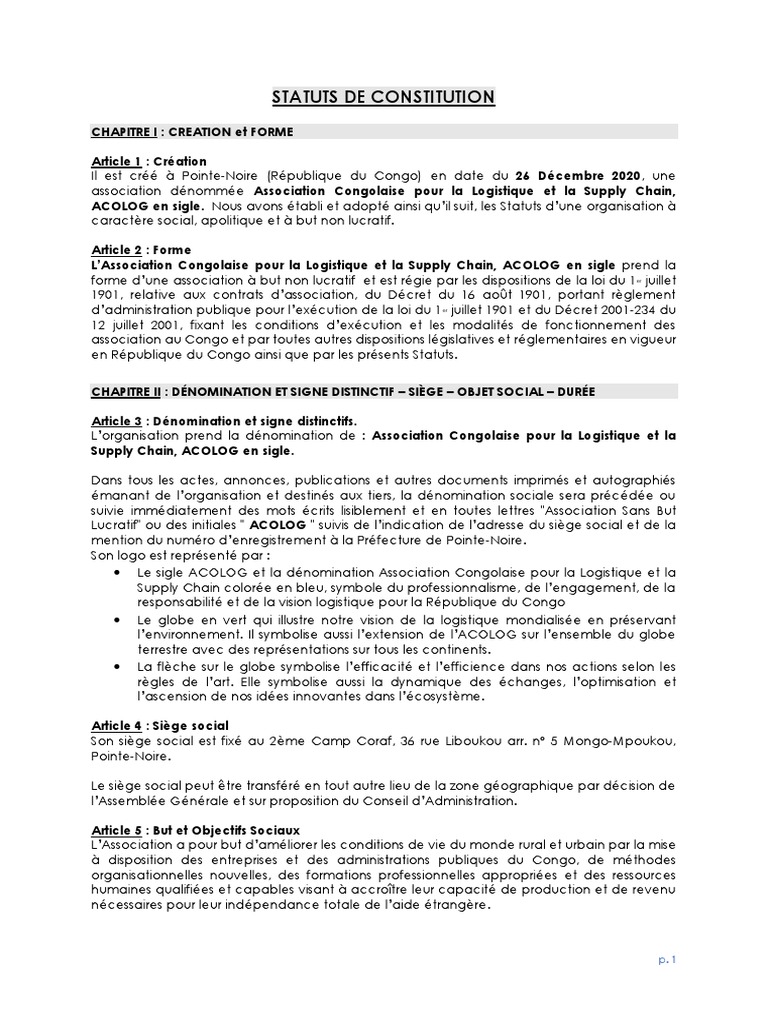 Statuts de Constitution Acolog Congo | PDF