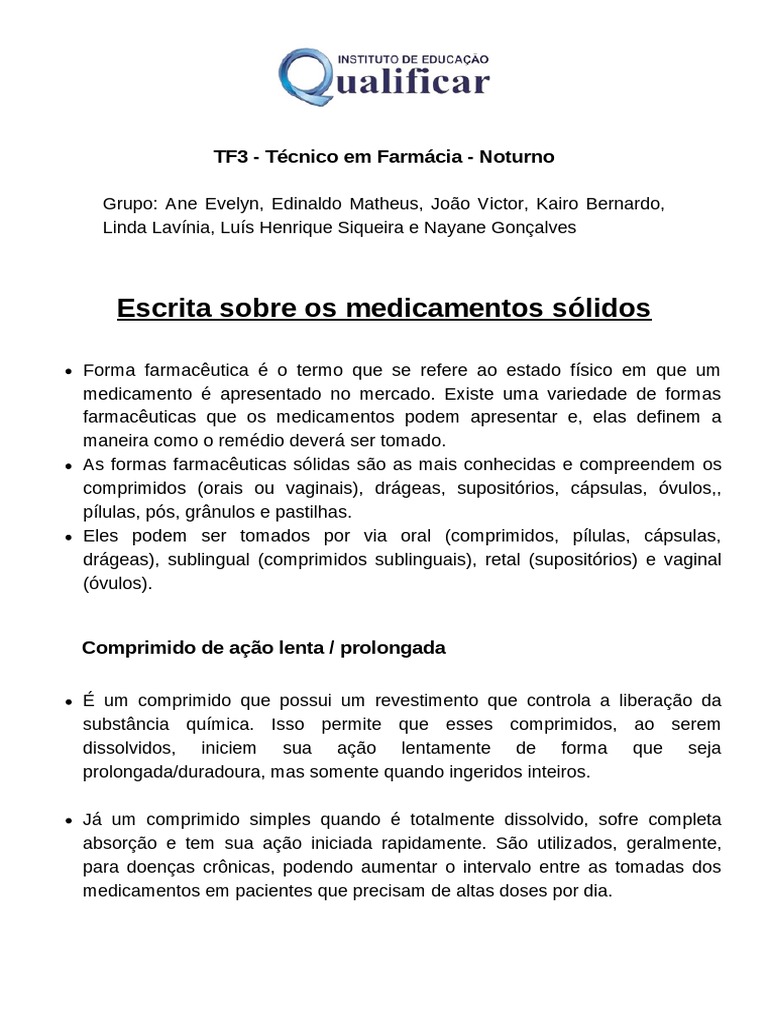 Escrita sobre os medicamentos sólidos | PDF