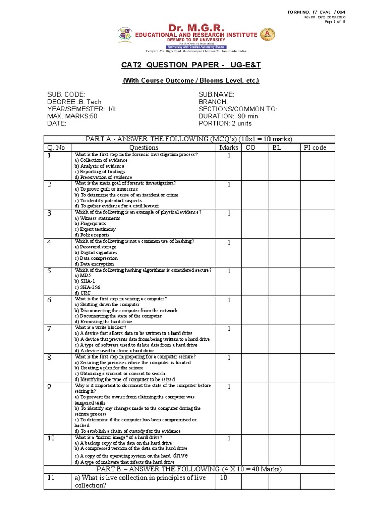 56 CAT Question Paper Pattern - UG - Answer Key (Outcome, Blooms Levels ...