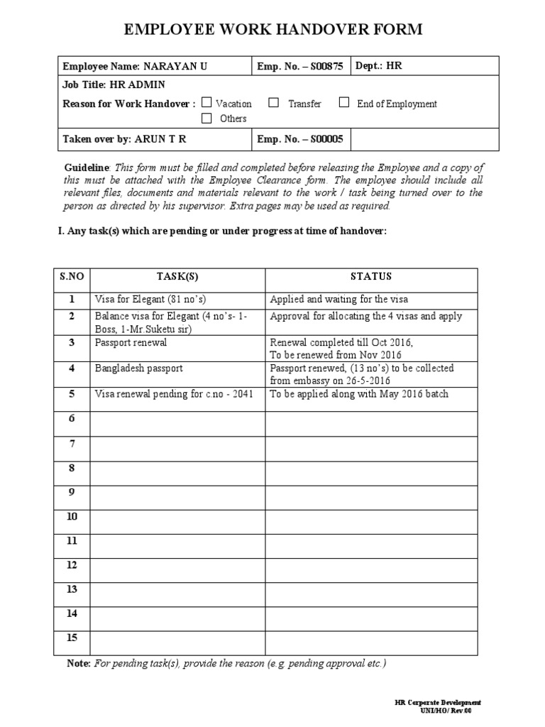 Employee Work Handover Form | PDF | Travel Visa