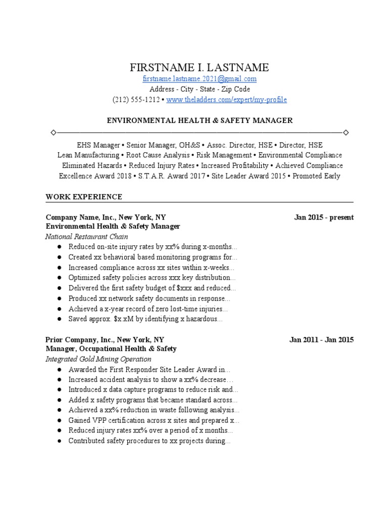 Environmental Health & Safety Resume | PDF | Occupational Safety And ...