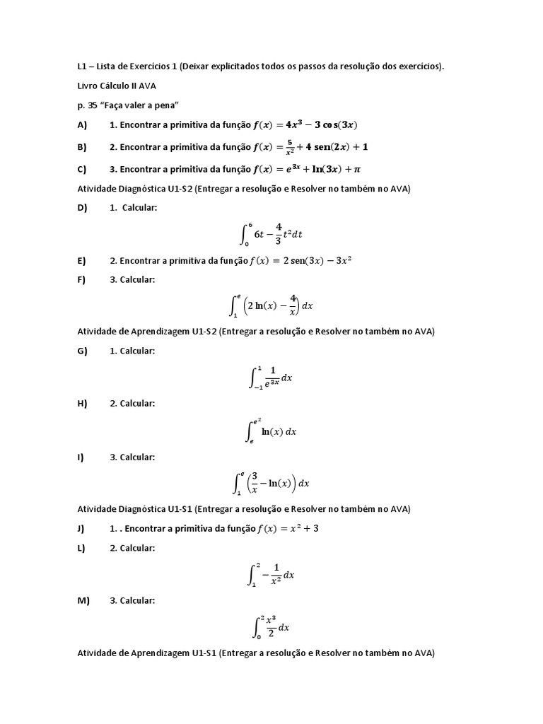 Exercícios de Cálculo II: Primitivas e Integrais | PDF | Cálculo ...
