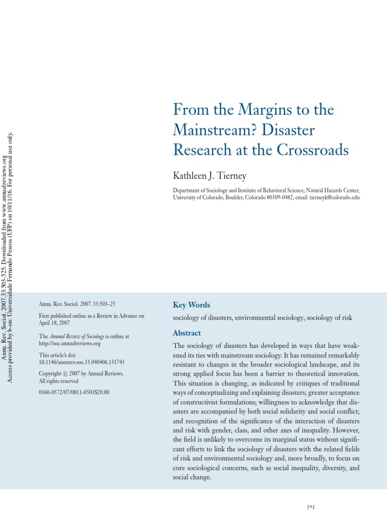 Desaster Research at The Crossroads | PDF | Sociology | Hazards