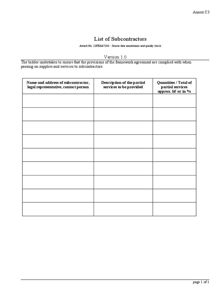 Annex C3 - Subcontractor List | PDF