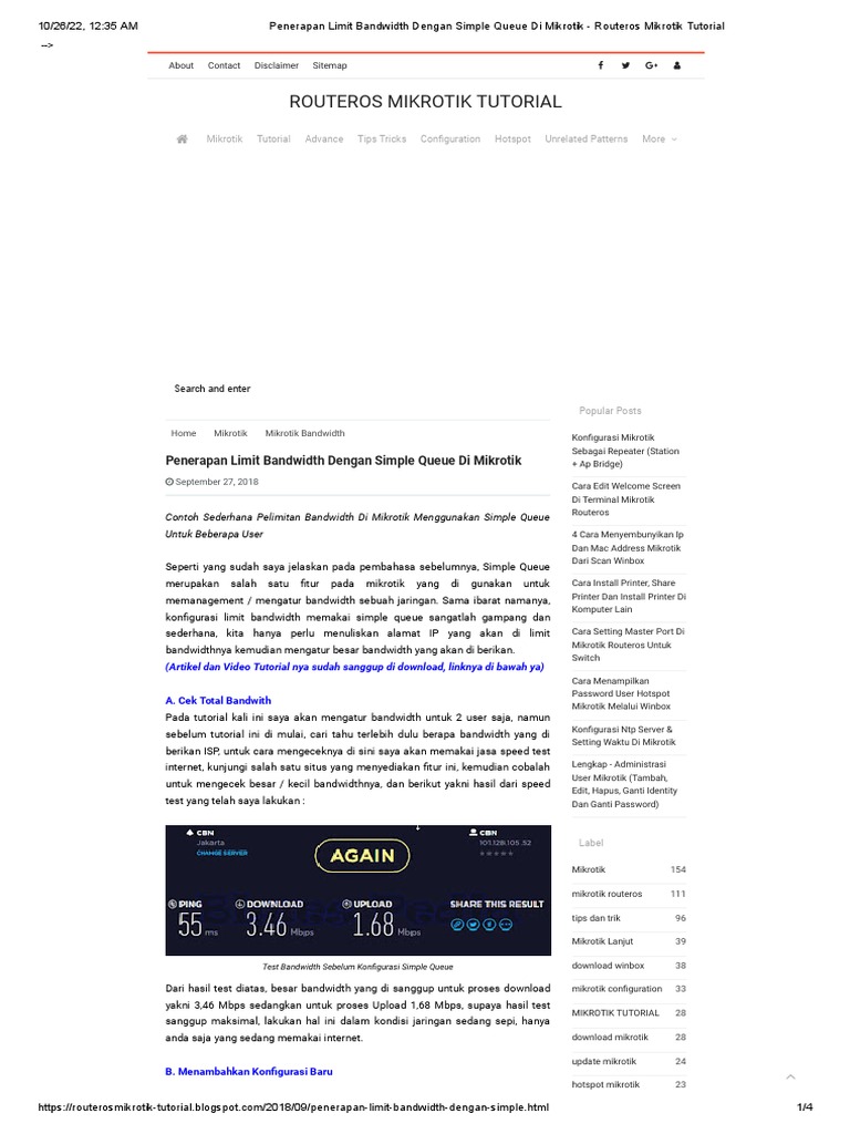 Limit Bandwidth Mikrotik: Simple Queue | PDF