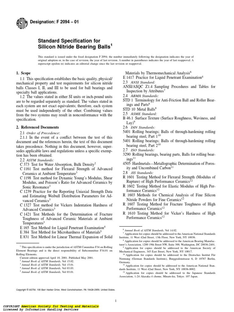 ASTM F 2094 - 01 - Silicon Nitride Bearing Balls | PDF | Ceramics ...