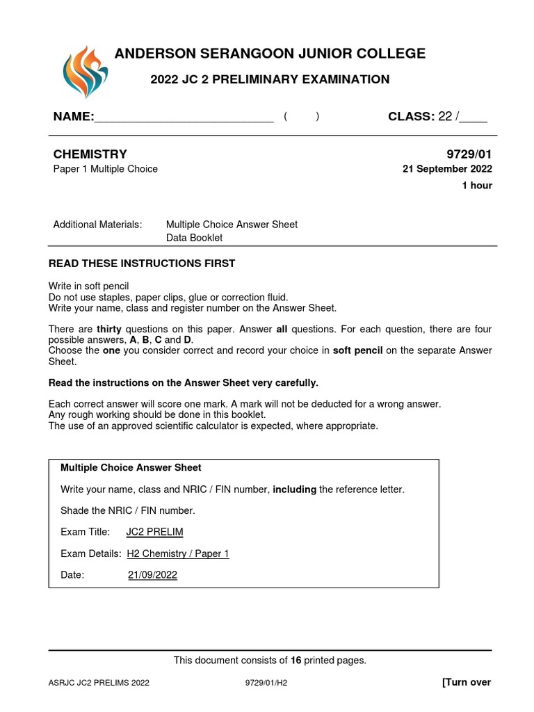 ASRJC 2022 J2 H2Prelim P1 QP | PDF | Gases | Acid