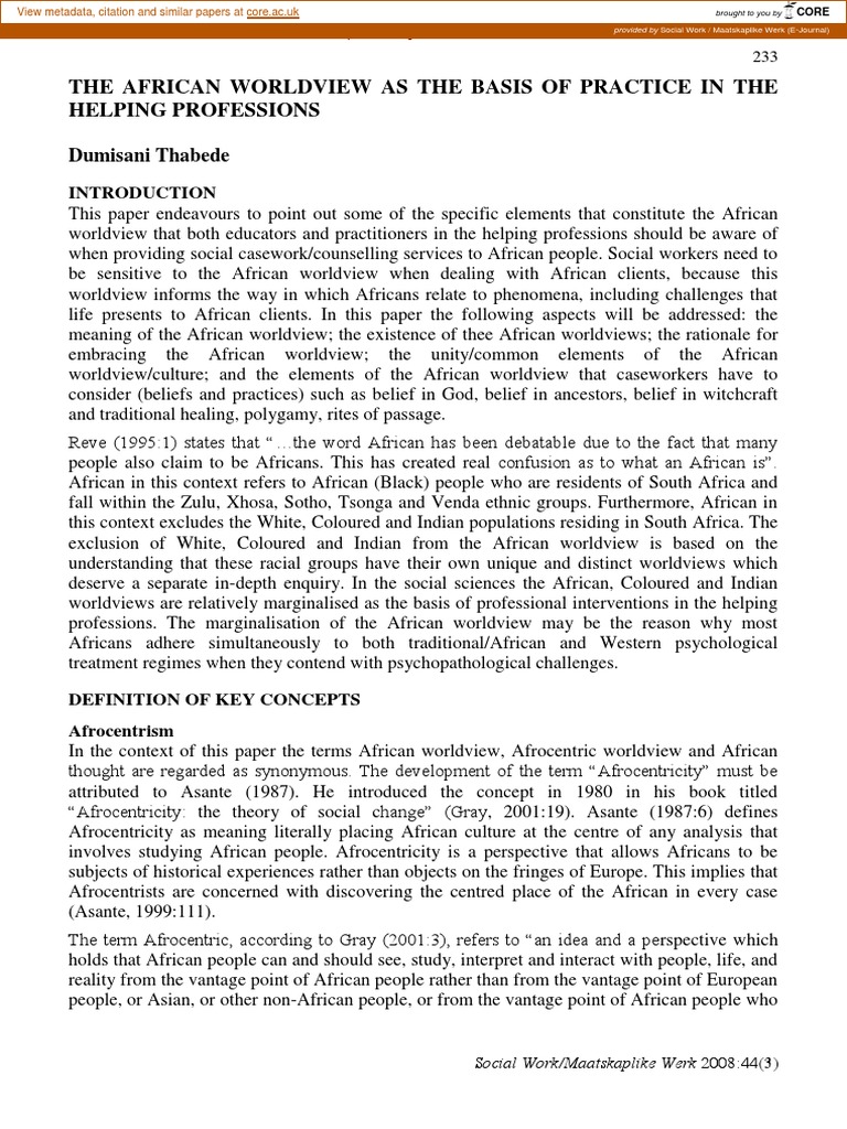 The African Worldview As The Basis of Practice in The Helping ...