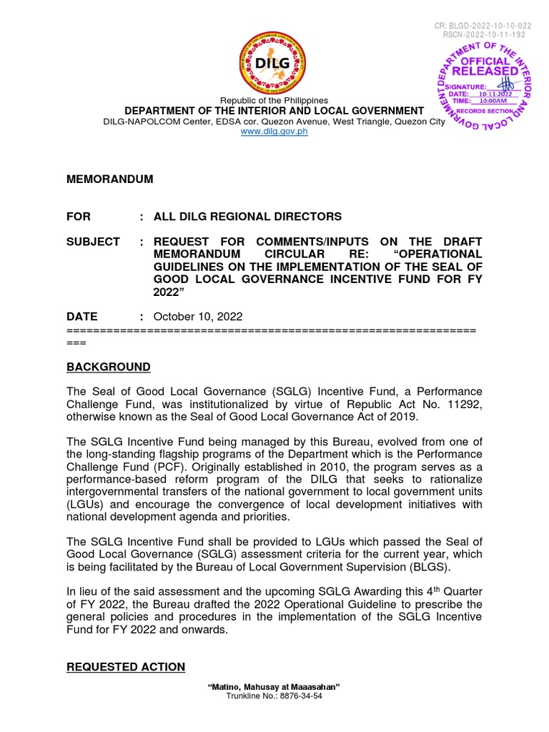 SGLG Incentive Fund Guidelines 2022 | PDF | Infrastructure | Governance