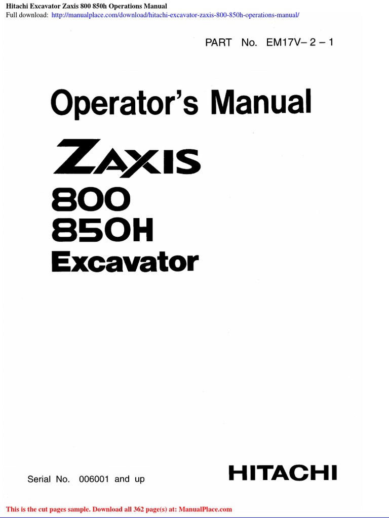 Hitachi Excavator Zaxis 800 850h Operations Manual | PDF
