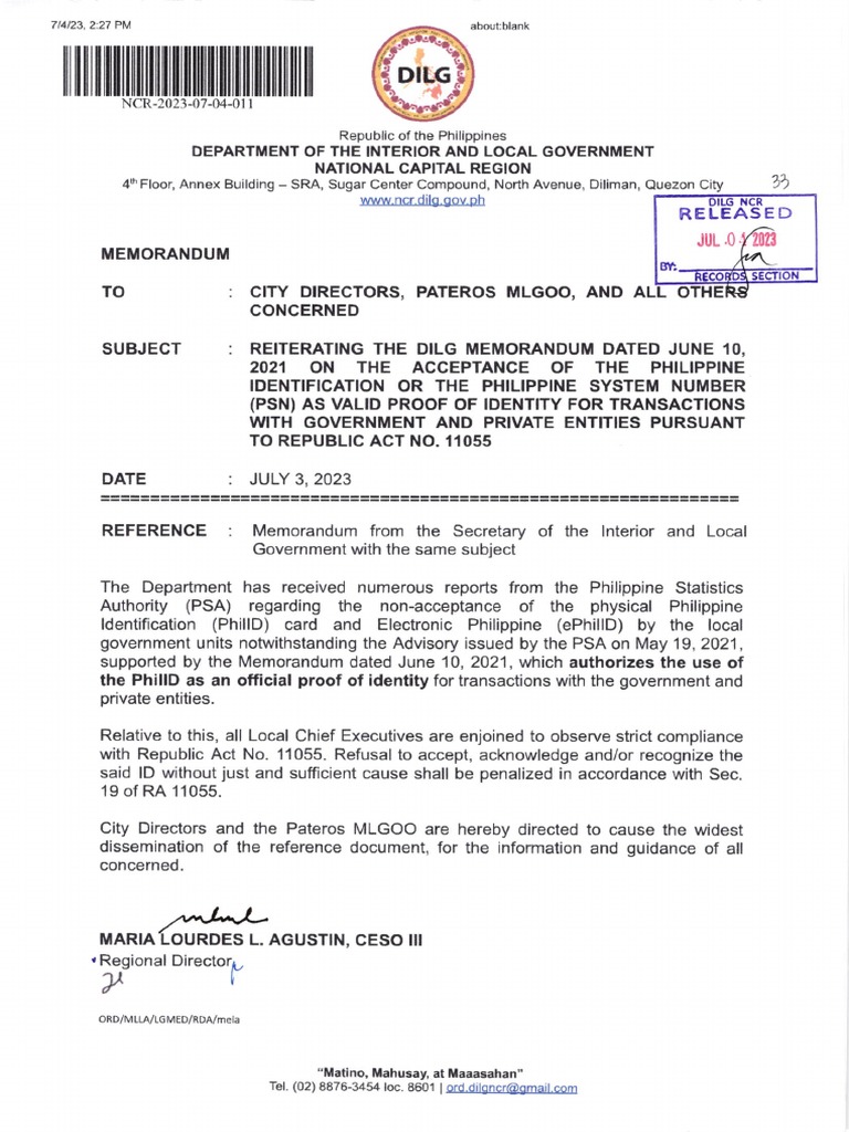 Memorandum - Reiterating the DILG Memo dtd June 10, 2021 on the ...