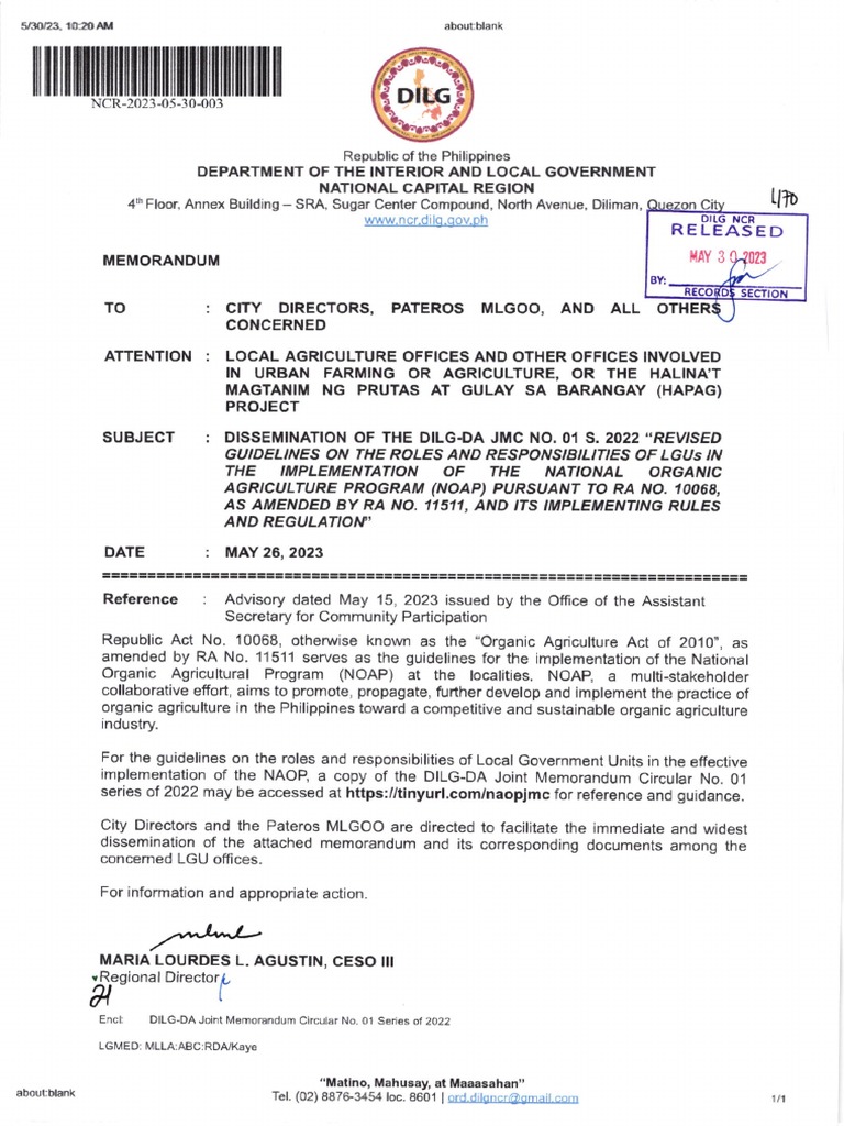 Memorandum - Dissemination of the DILG-DA JMC #2022 -01 ''Revised ...