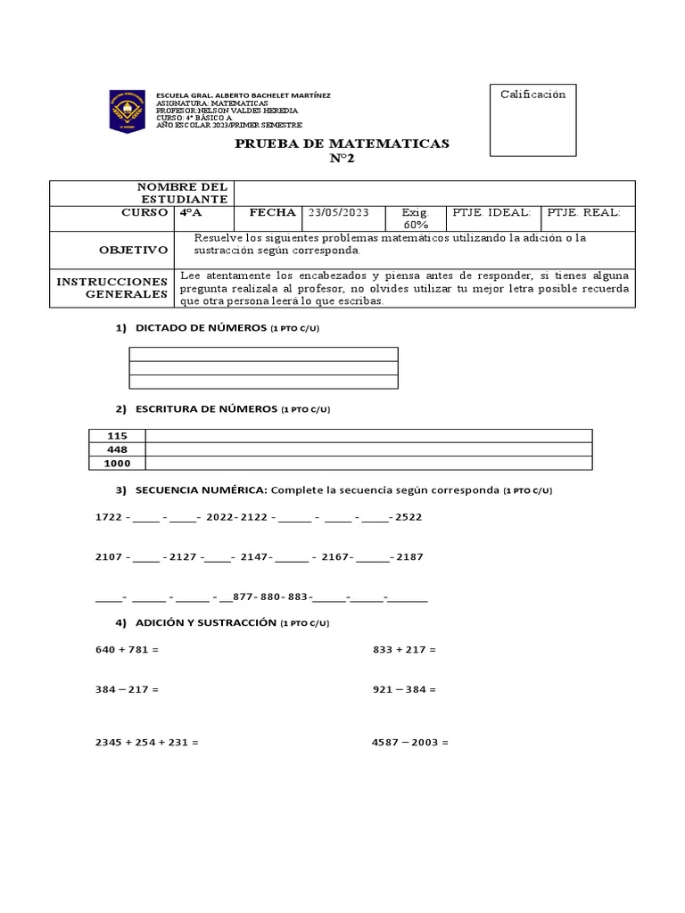 Prueba de Matematicas 4 Basico | PDF