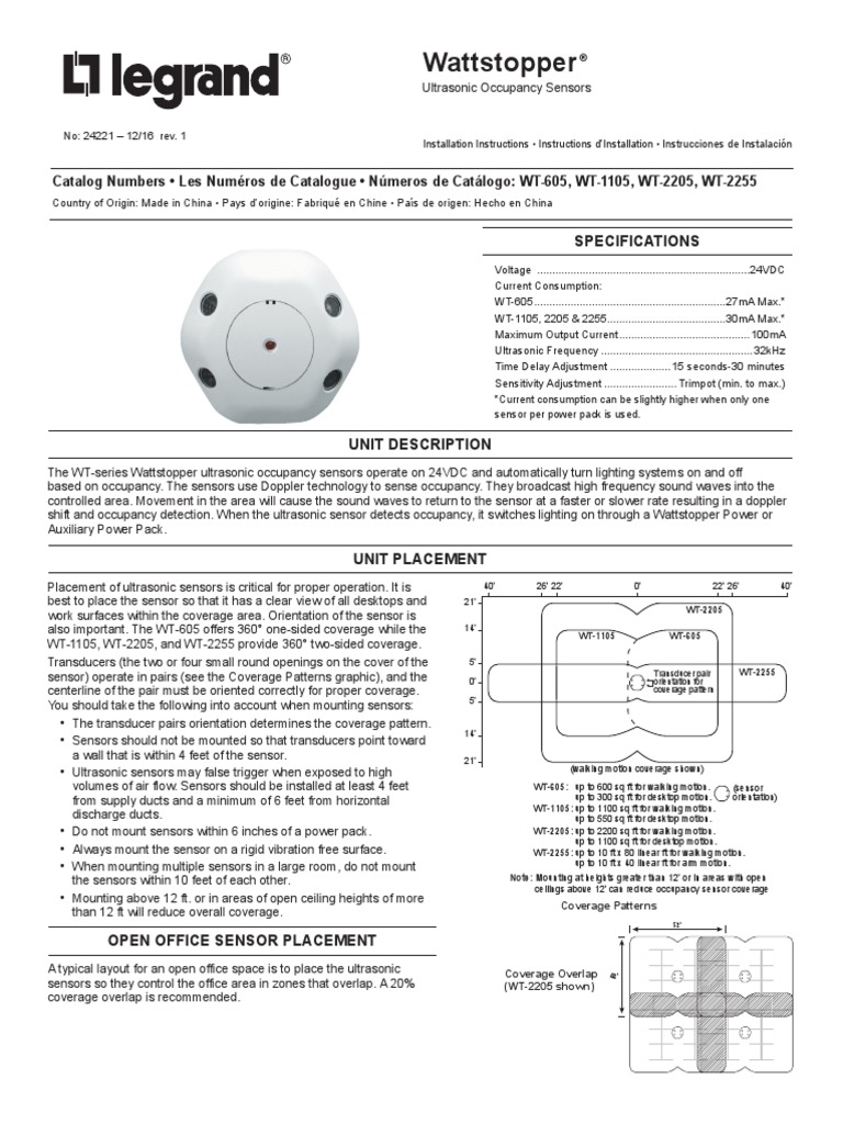 Wattstopper WT 1105 Installation Instructions | PDF | Switch | Sensor