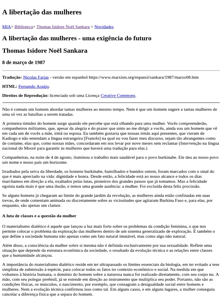 Thomas Isidore Noel Sankara - A libertação das mulheres | PDF